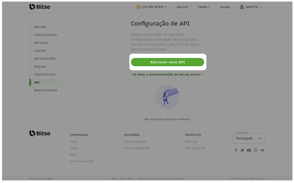 Como configuro minhas chaves de API? – Central de Ajuda